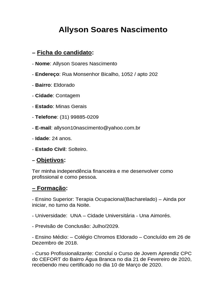Ficha de Candidato: Allyson Nascimento | PDF