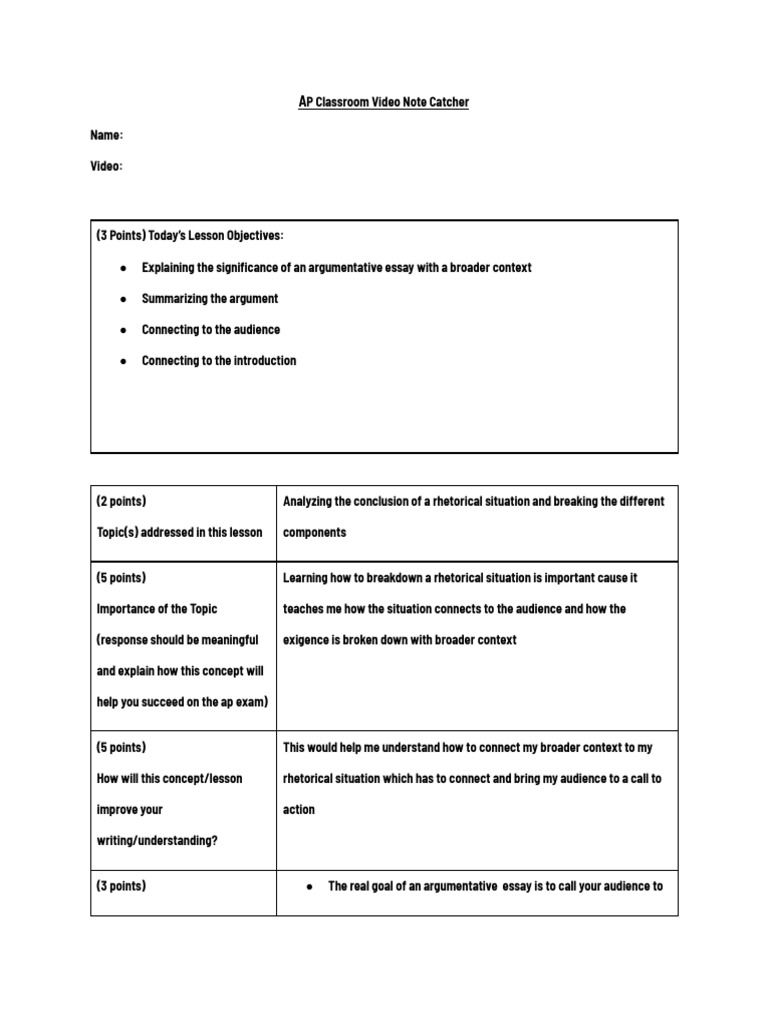 Copy of AP Classroom Video Note Catcher Wendsday | PDF