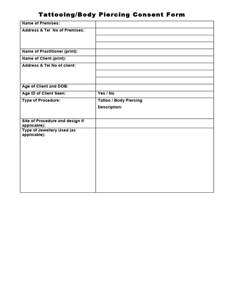 Fillable Tatto and Body Piercing Consent Form | PDF | Tattoo | Heart