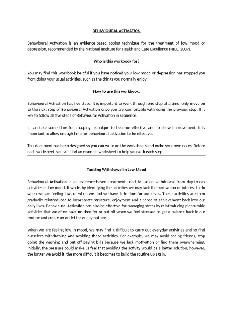 Behavioural Activation for Low Mood | PDF | Depression (Mood) | Sleep