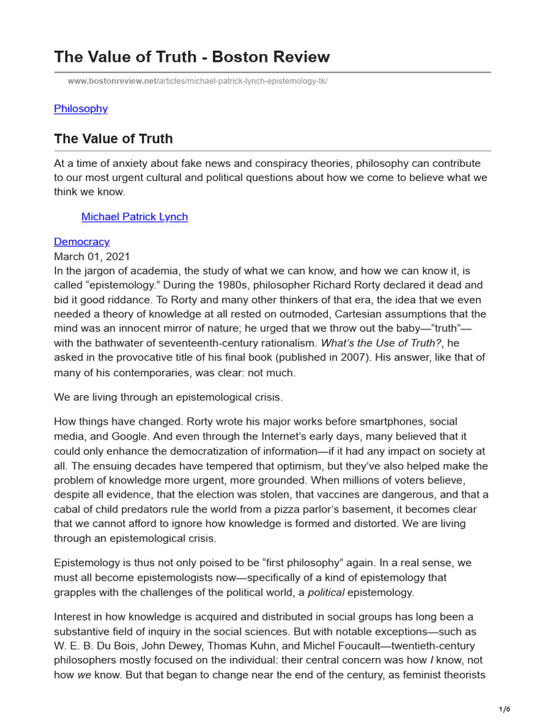 The Value of Truth by Michael Patrick Lynch | PDF | Epistemology ...