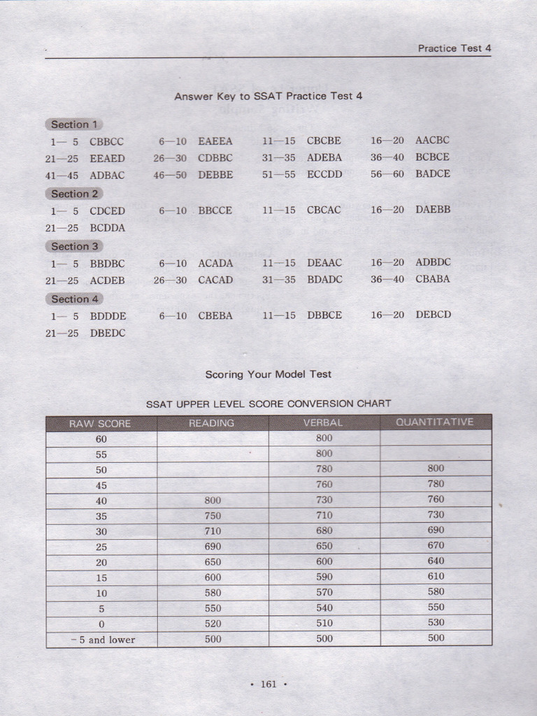 Answer Key To SSAT Practice Test 4 | PDF