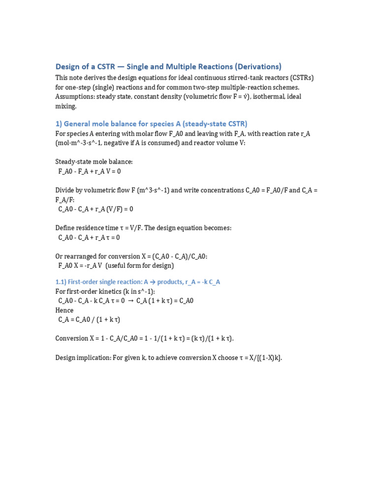 CSTR Design Derivations | PDF | Chemical Engineering | Chemical ...