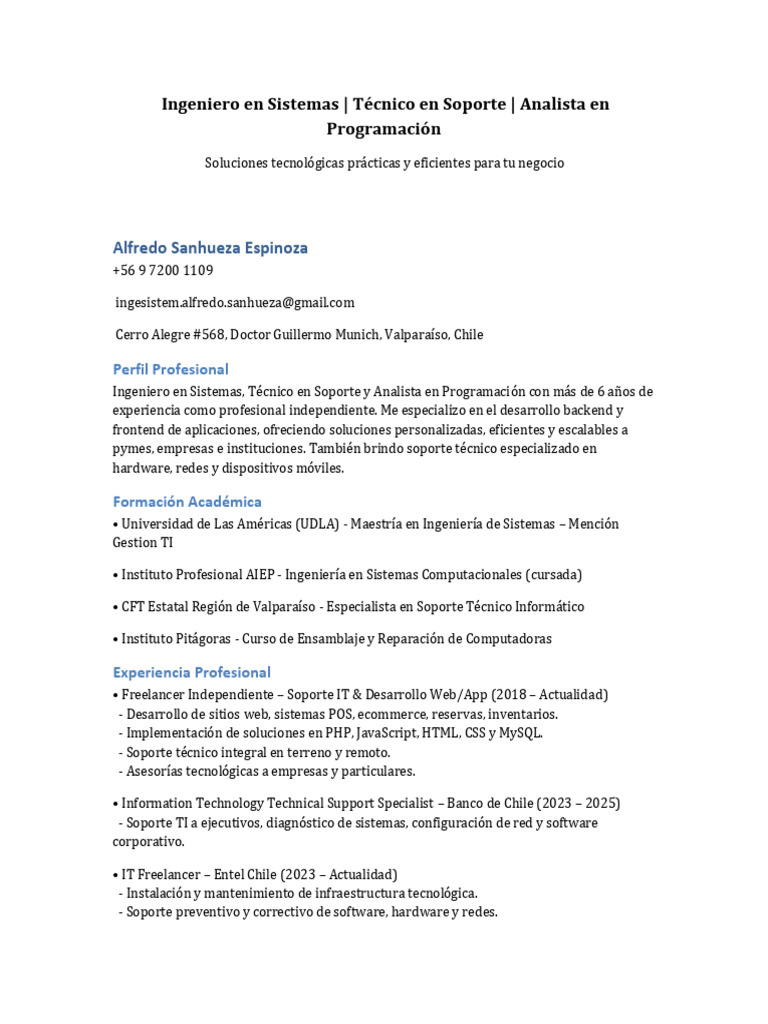 CV_Alfredo_Sanhueza_Espinoza(2).pdf_2025_7_3 | PDF | Desarrollo web | Mi sql