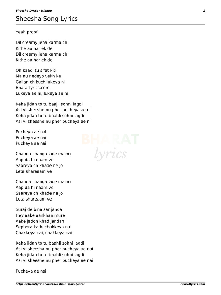 Sheesha Lyrics by Nimmo | PDF