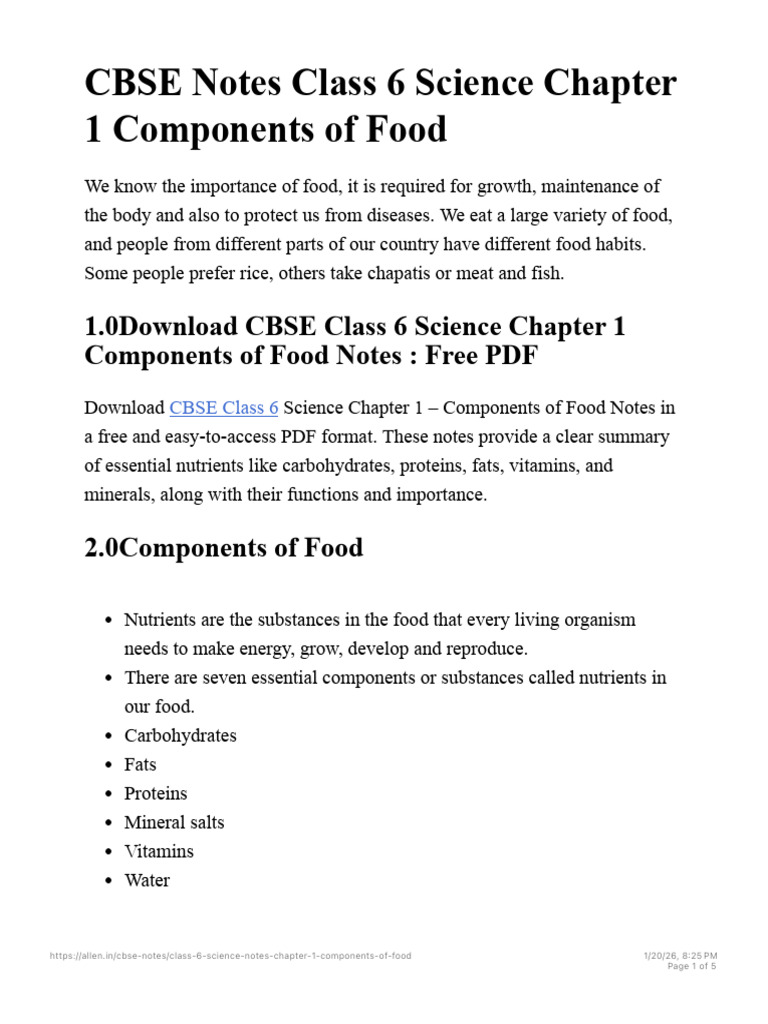 CBSE Notes for Class 6 Science Chapter 1 – Components of Food | PDF ...