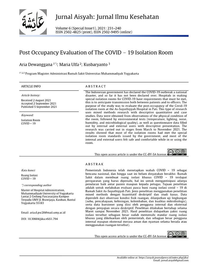 Post Occupancy Evaluation of the COVID – 19 Isolation Room | PDF ...