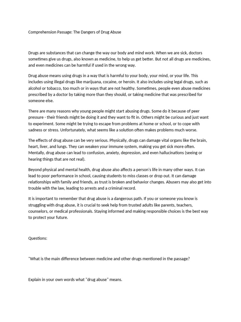 Passage Comprehensions on Drug Abuse | PDF | Substance Abuse | Drugs