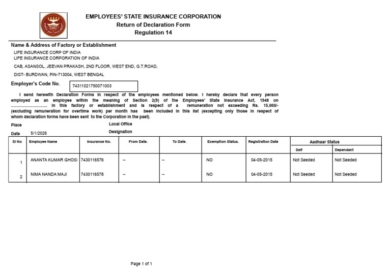 ESIC Declaration Form Submission Guide | PDF