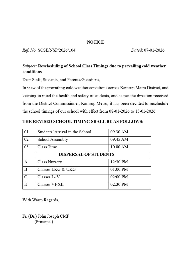School Timings Rescheduled Due to Cold | PDF