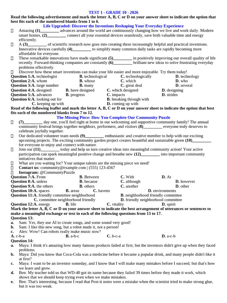 Grade 10 Test: Innovations & Community Engagement | PDF ...