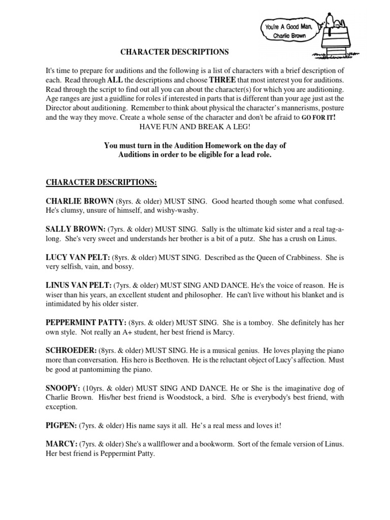 Character Descriptions for Auditions | PDF | Peanuts (Comic Strip ...