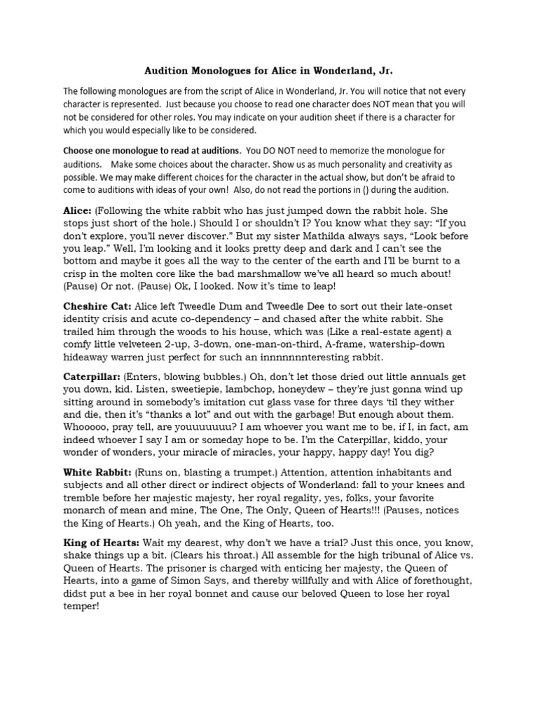 Alice in Wonderland Jr. Audition Monologues | PDF | Lewis Carroll ...
