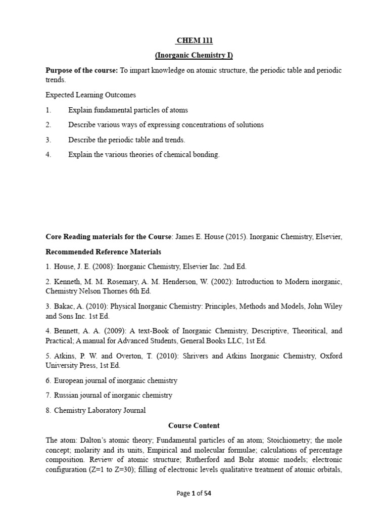CHEM 111 - Inorganic Chemistry Updated Notes | PDF | Atoms | Atomic Nucleus