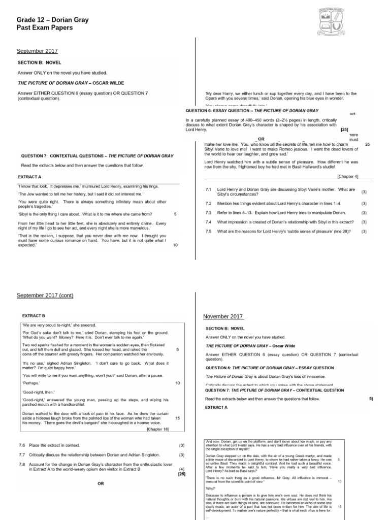 Grade 12 Dorian Gray Exam Papers | PDF