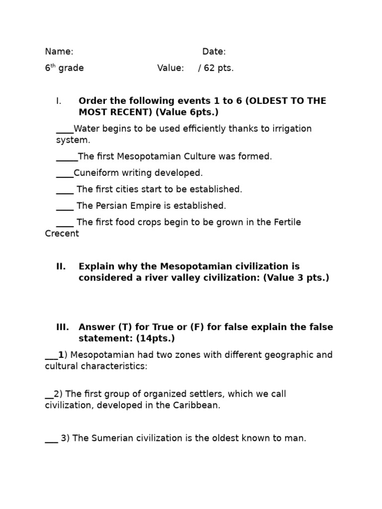 6th Grade Mesopotamia Test 2 | PDF | Mesopotamia | Archaeology Of Iraq