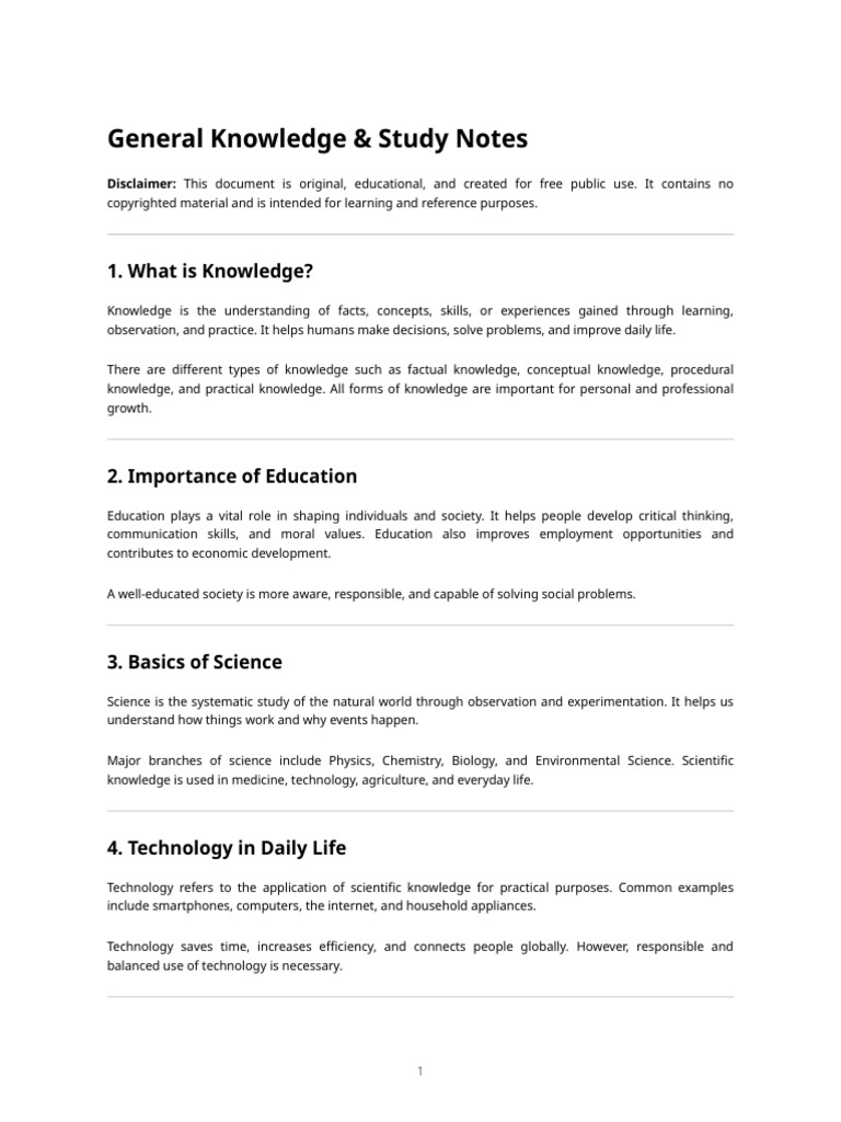 General Knowledge & Study Notes (Public Domain) | PDF | Knowledge | Science