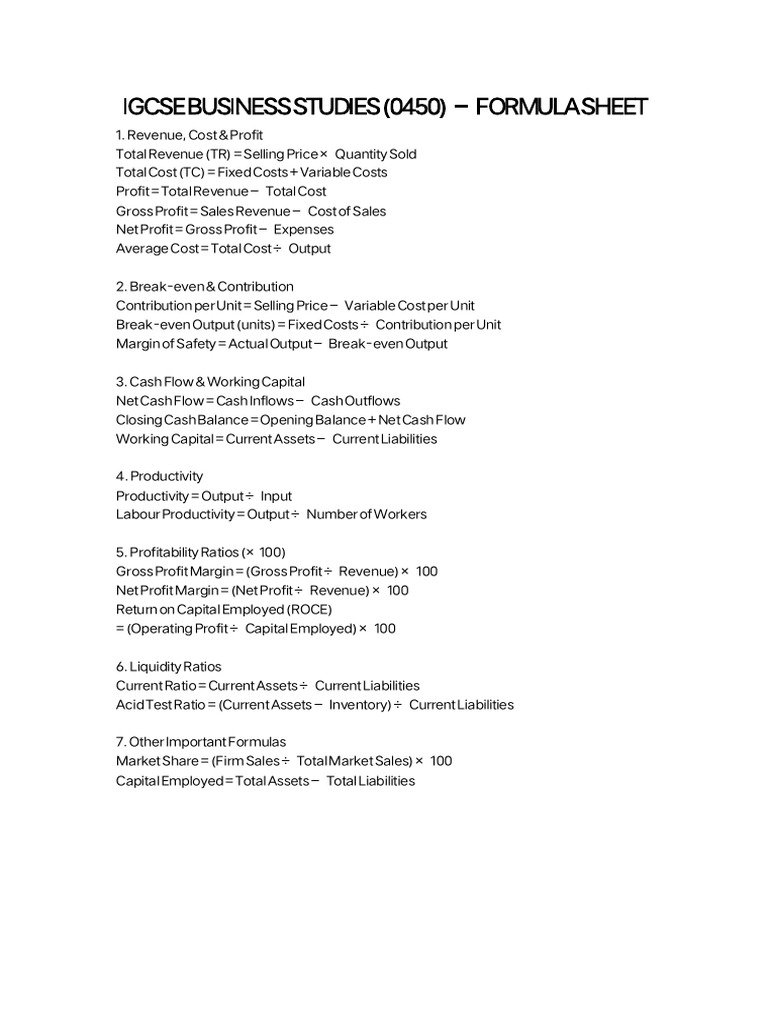 Igcse Business Studies (0450) – Formula Sheet | PDF