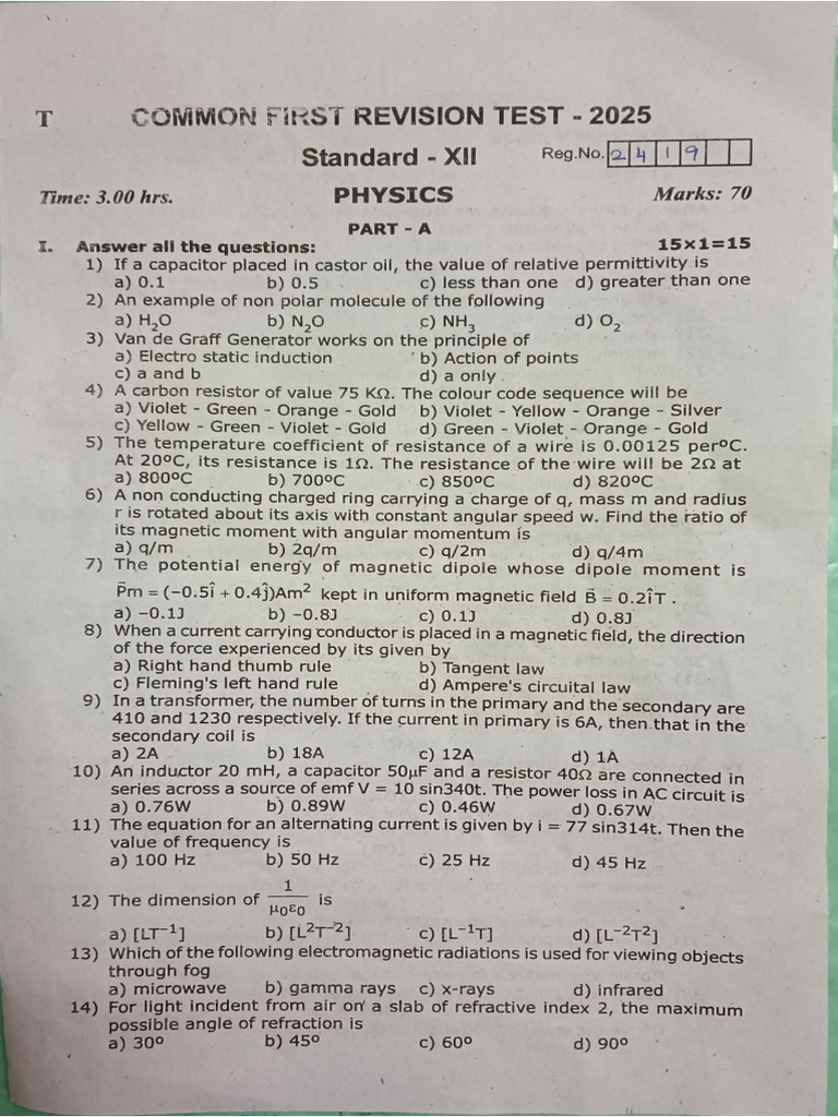 12th Physics 1st Revision Exam 2025 Original Question Paper Thoothukudi District English Medium ...