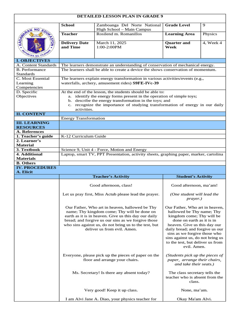 LESSON PLSN Energy-Transformation INTERN | PDF | Potential Energy | Waves
