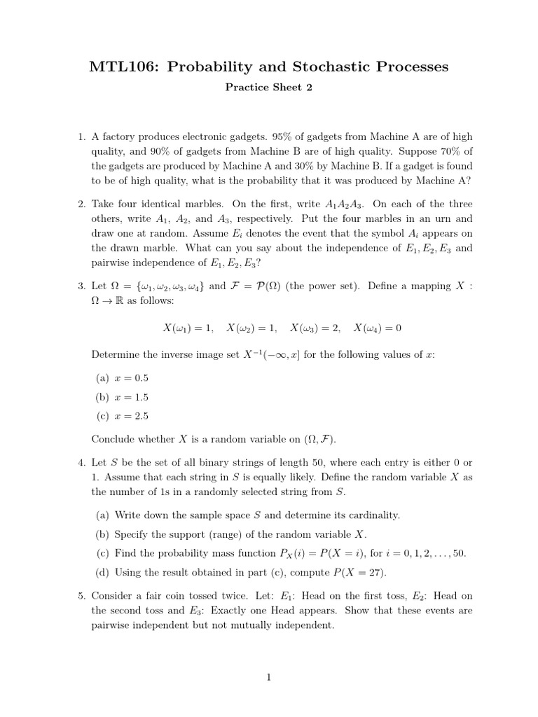 Tutorials MTL106 (1) | PDF | Random Variable | Function (Mathematics)