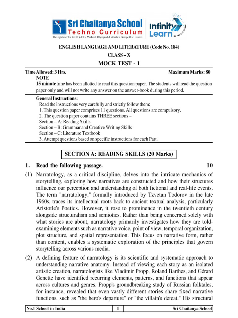 CBSE English Class X Mock Test - 1 QP. 2025-26 | PDF