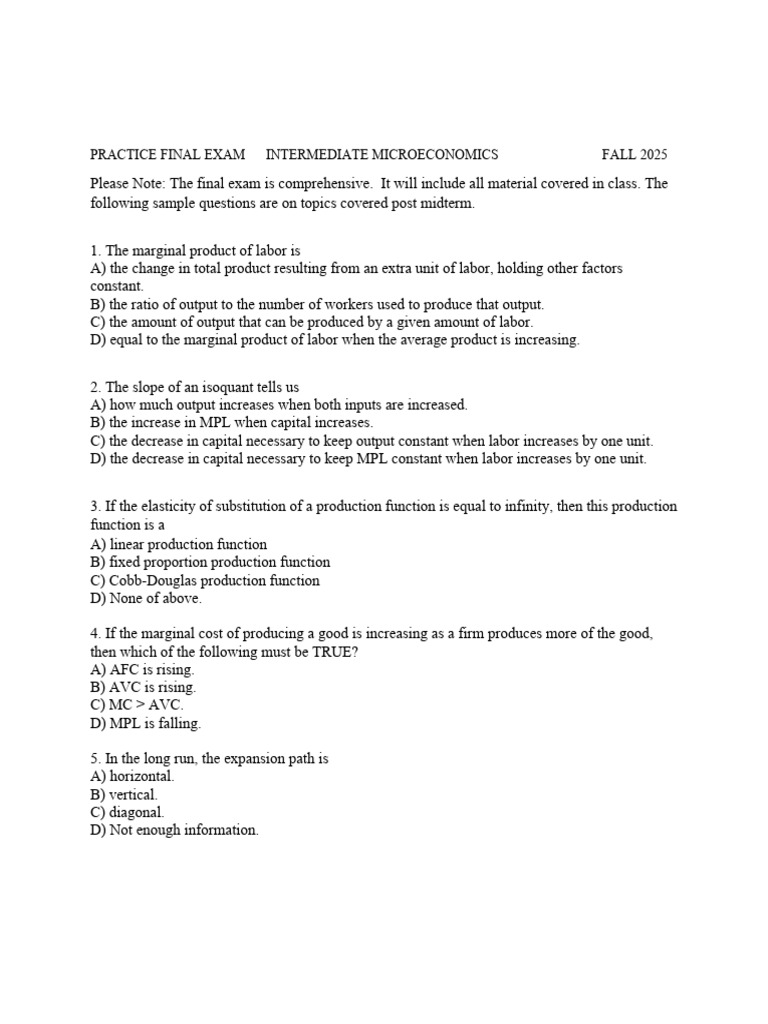 Intmicro Final Fa25 Practice | PDF | Production Function | Demand