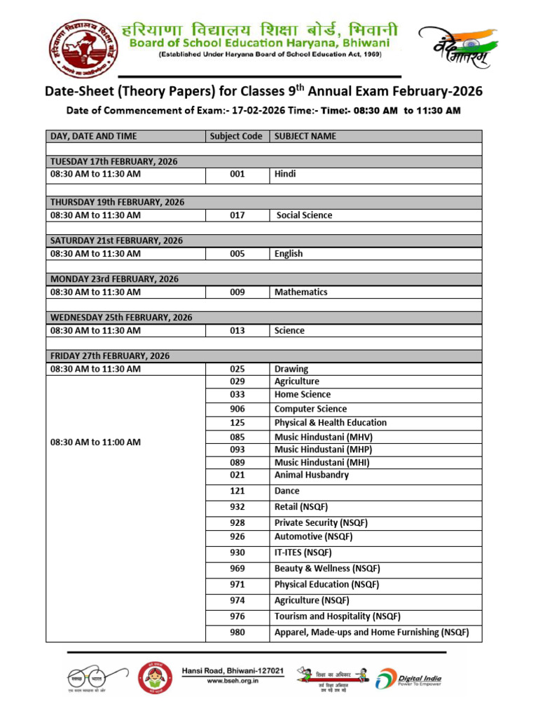 9th Annual Date Sheet | PDF