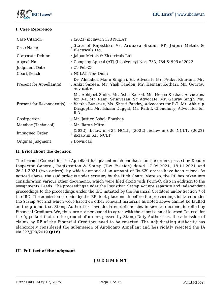 Rajasthan vs. Arunava Sikdar NCLAT Judgment | PDF | Credit | Finance ...