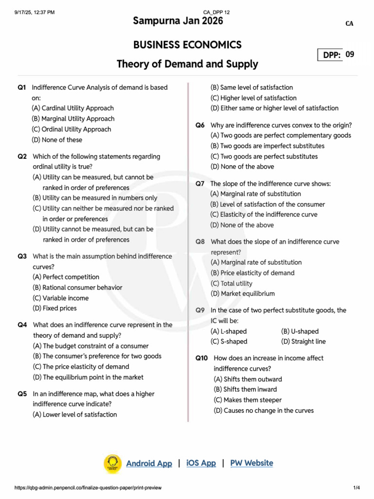 Theory of Demand and Supply DPP 09 (of Lec 12) | PDF | Utility | Demand