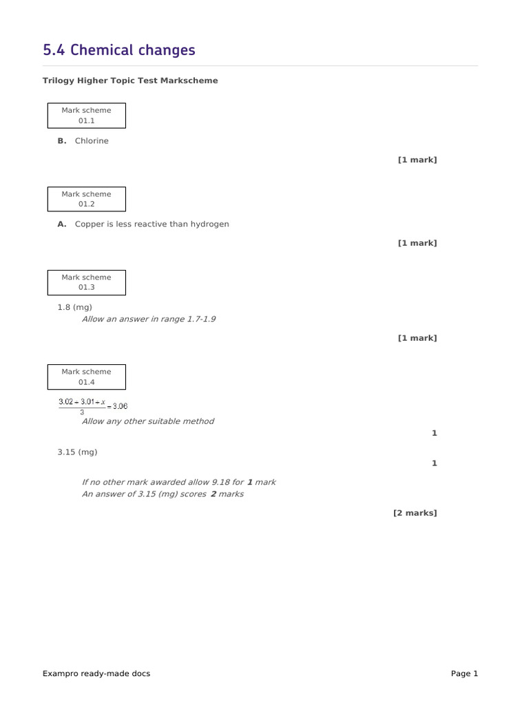 Chemical Changes Mark Scheme Analysis | PDF | Silver | Magnesium