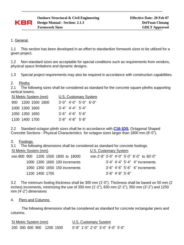 Standard Formwork Sizes Guide | PDF