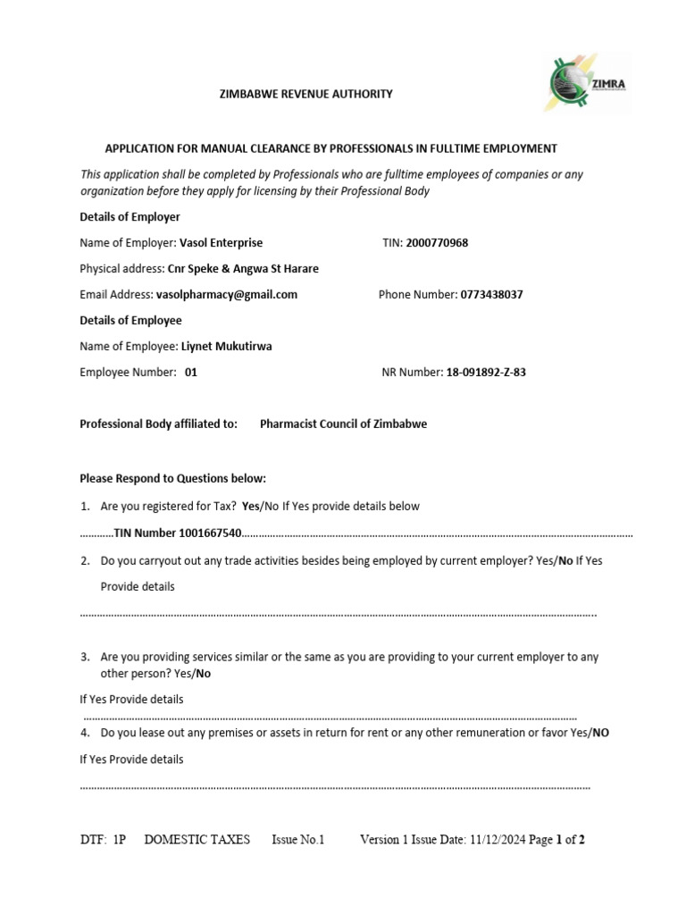 Zimbabwe Revenue Authority Professionals in Fulltime Employment ...