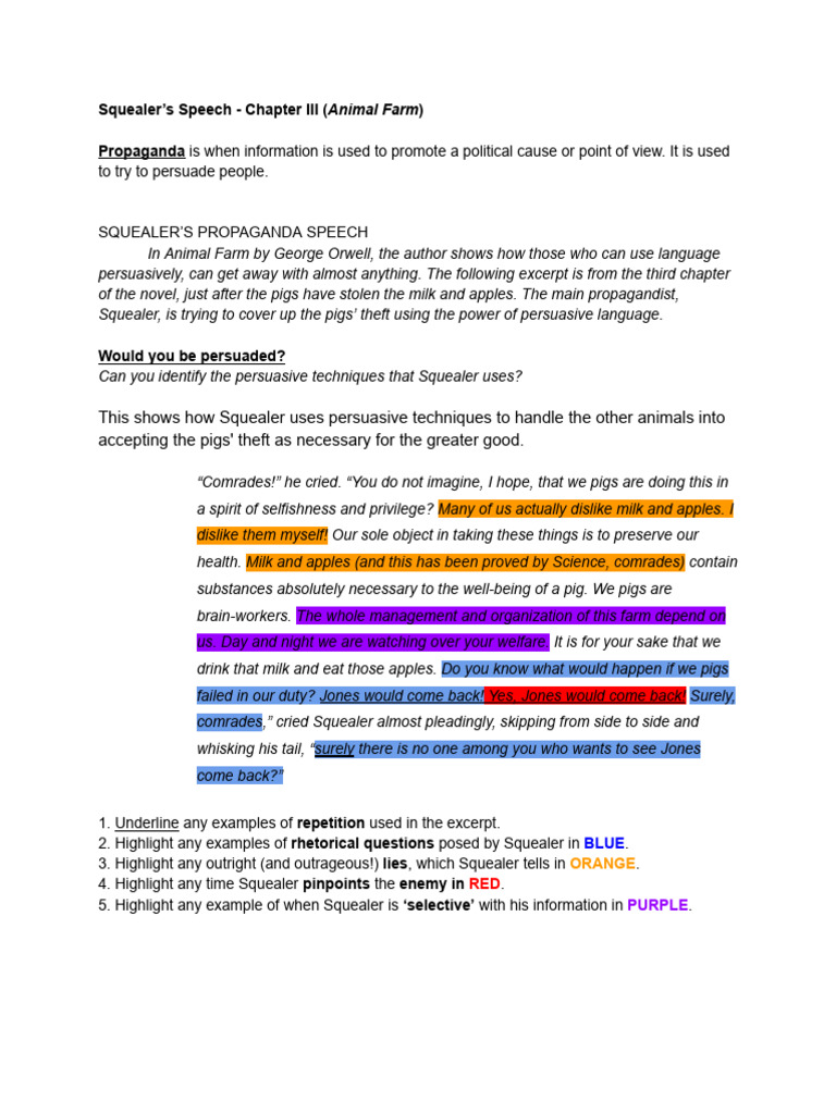 Copy of Squealer's Speech - Propaganda - Chapter 3 | PDF