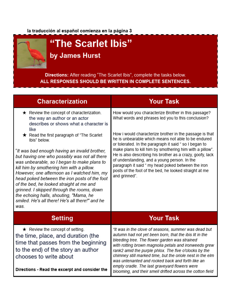 The Scarlet Ibis Analysis #1 | PDF
