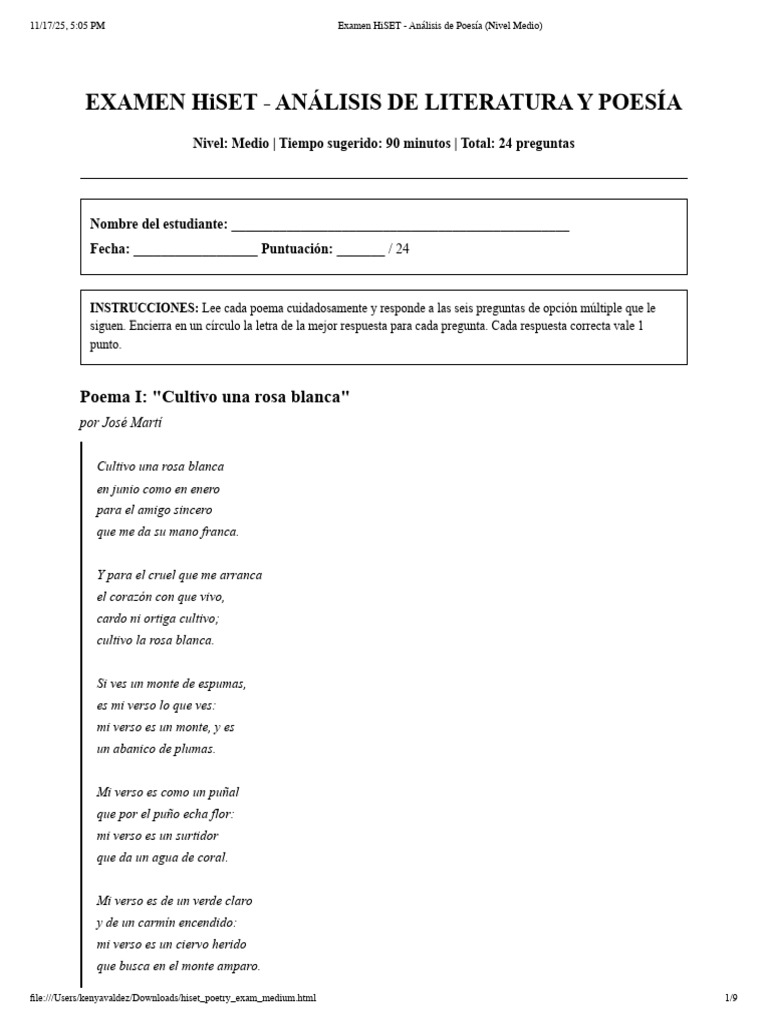 Examen HiSET: Análisis de Poesía | PDF | Poesía