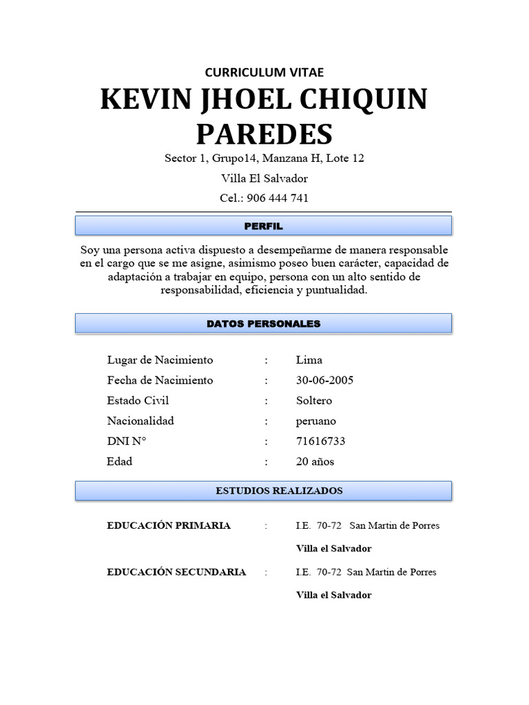 Cv - Kevin Chiquin | PDF