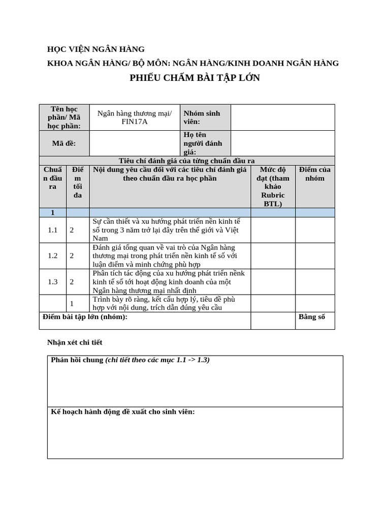 Phiếu chấm BTL | PDF