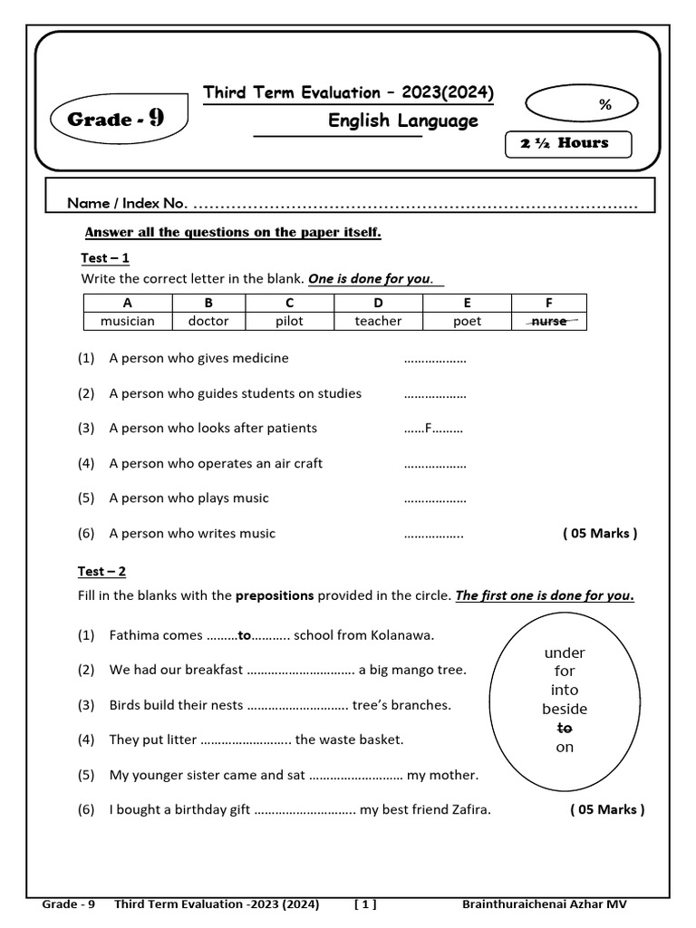 English - Grade 9 - Third Term Test 2023 | PDF | Grammar | Syntax