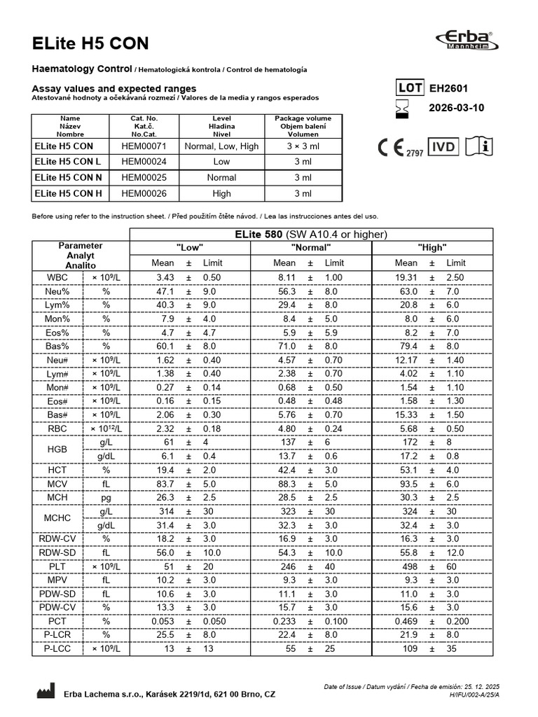 Valores de Control Hematológico ELite H5 | PDF
