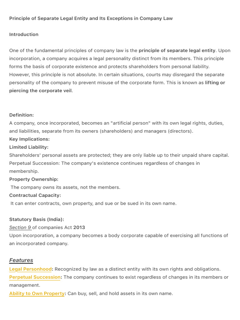 Principle of Separate Legal Entity and Its Exceptions in Company Law (1 ...