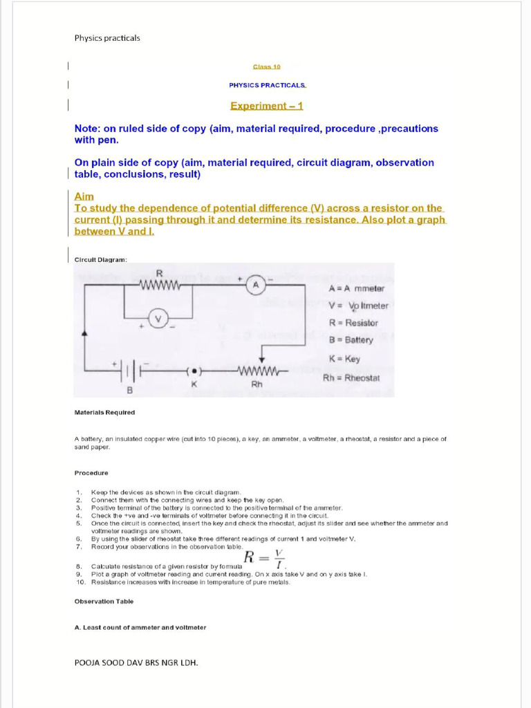 Physics Practical Class 10 | PDF | Mirror | Voltage