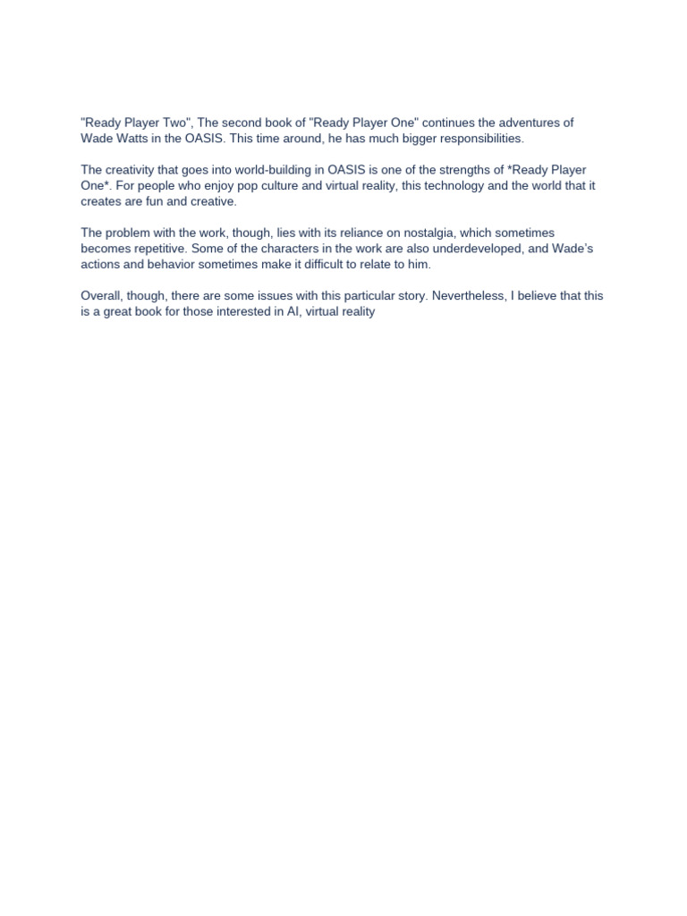 "Ready Player Two: A Virtual Reality Review" | PDF