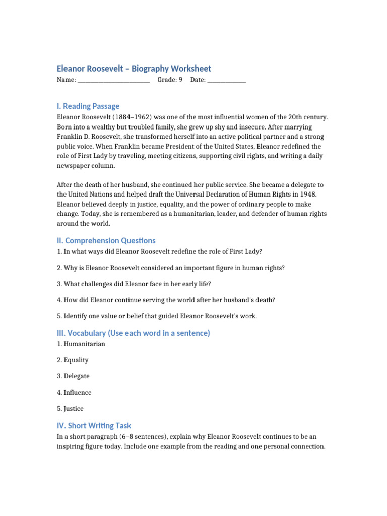 Eleanor Roosevelt Worksheet 2 | PDF
