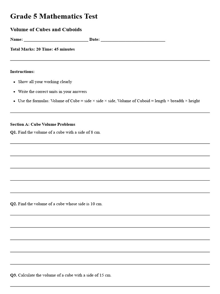 Grade 5 Volume Math Test | PDF | Volume | Length