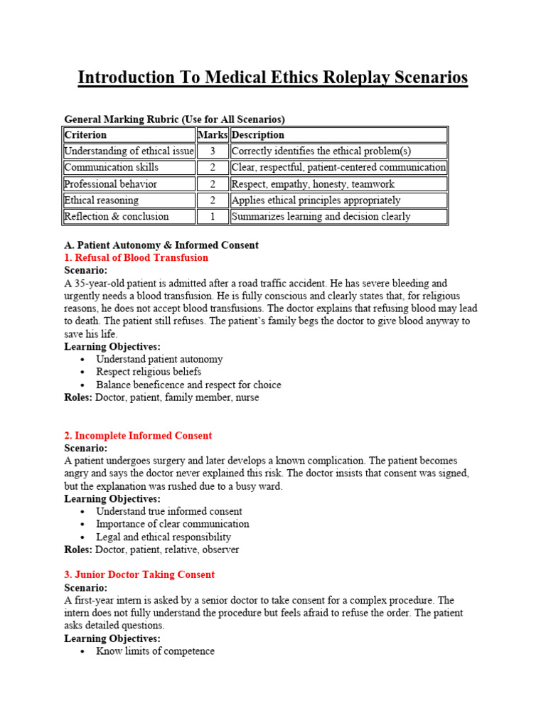 Introduction to Medical Ethics Roleplay Scenarios (1) | PDF | Informed ...