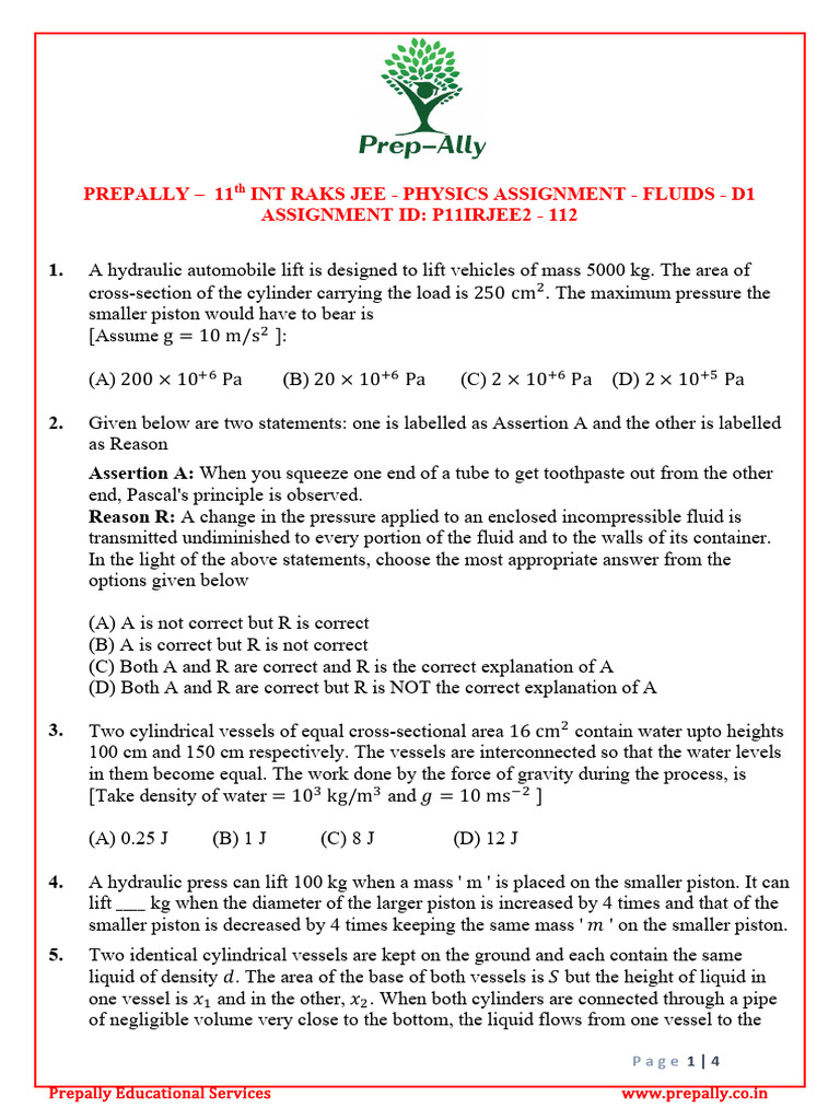 04.12.2025 - 11th INT RAKS JEE - PHYSICS ASSIGNMENT FLUIDS - D1 - Priyadharshini PrepAlly | PDF ...
