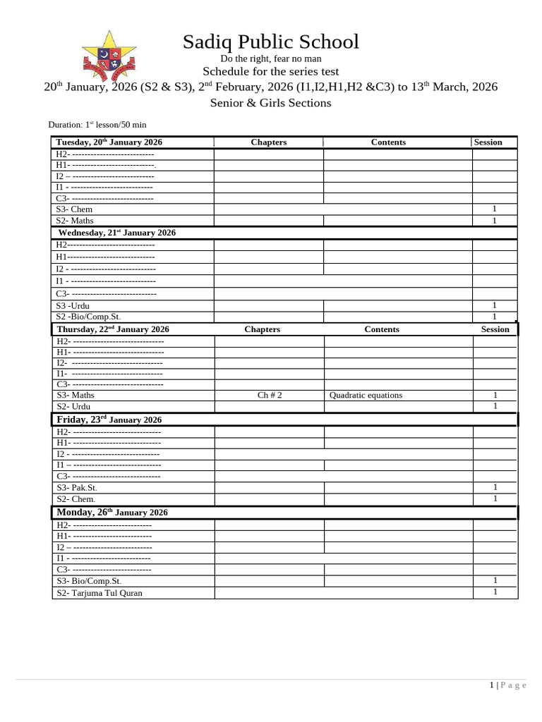 Date Sheet Series Tests 2026 (Final) | PDF