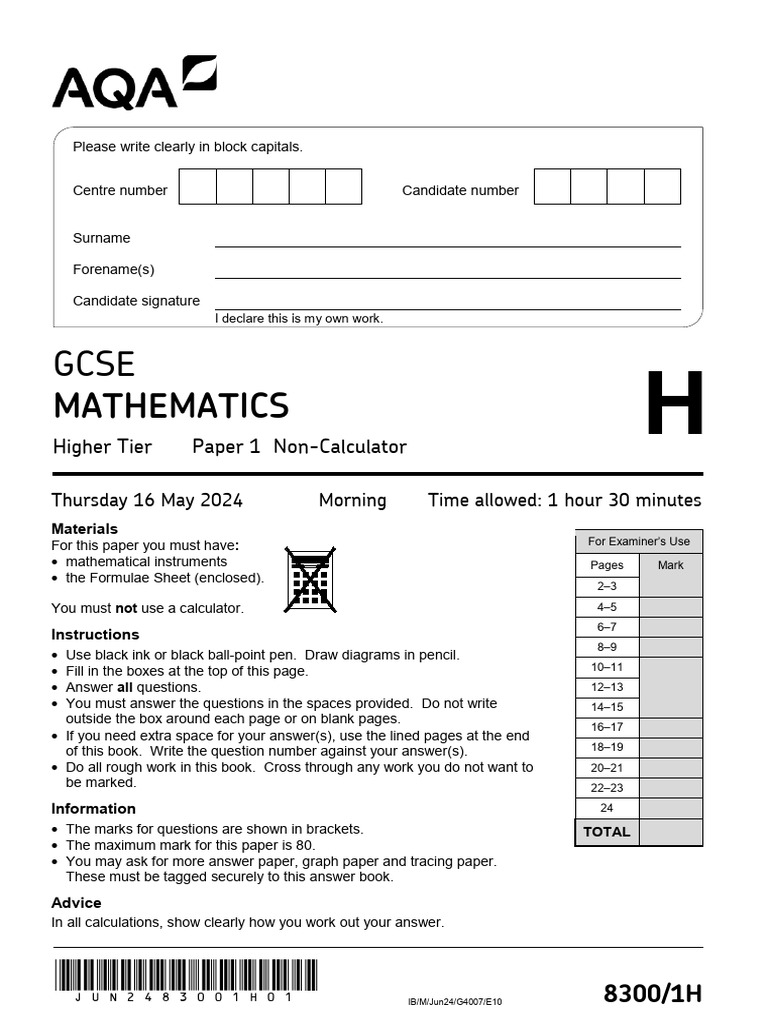 Paper-1H-Non-Calc-AQA | PDF | Area