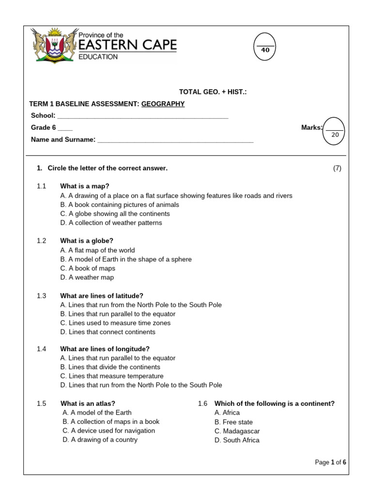 2025-t1-Gr 6-Geo & Hist Baseline Tests | PDF | Map | Continent